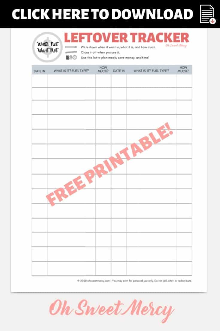 Printable Leftover Tracker - Stop Food Waste & Save Money! - Oh Sweet Mercy